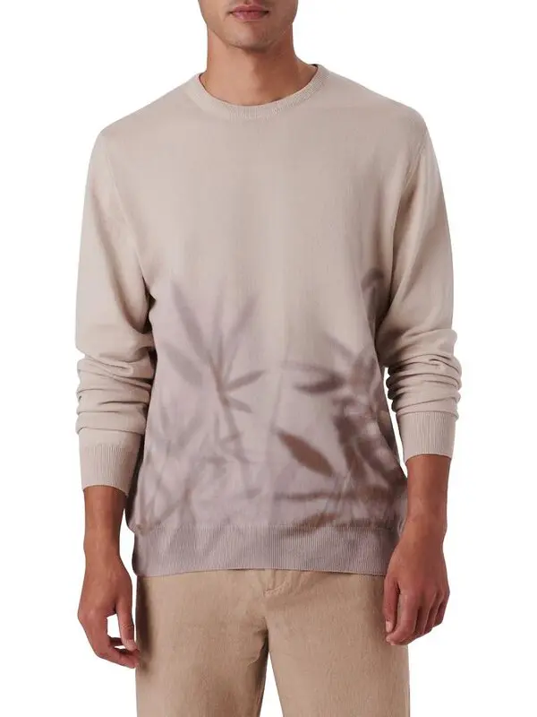 Bugatchi Leaf Print Cotton Crewneck Sweater - Almond