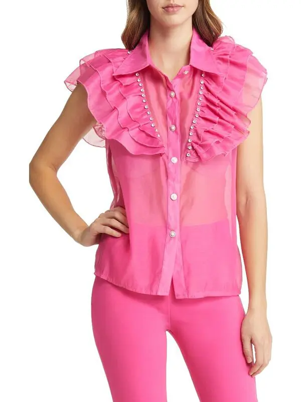 NIKKI LUND Holly Rhinestone Ruffle Button-up Blouse - Bright Pink