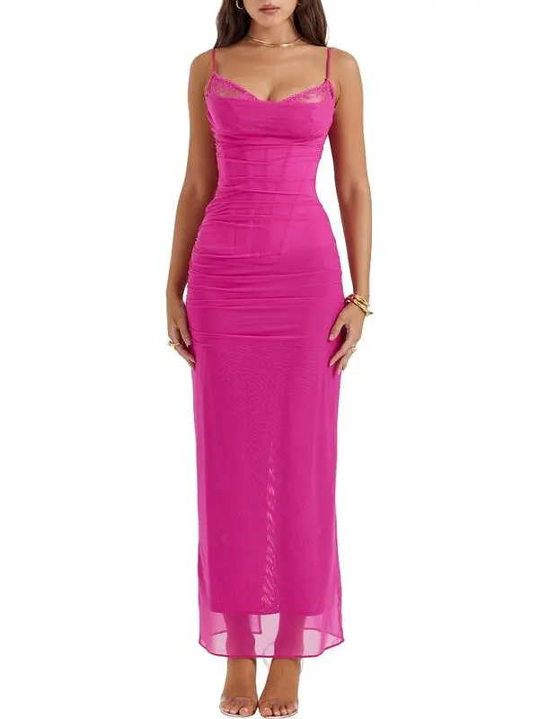 House Of Cb Nalini Mesh Corset Cocktail Dress - Fuschia