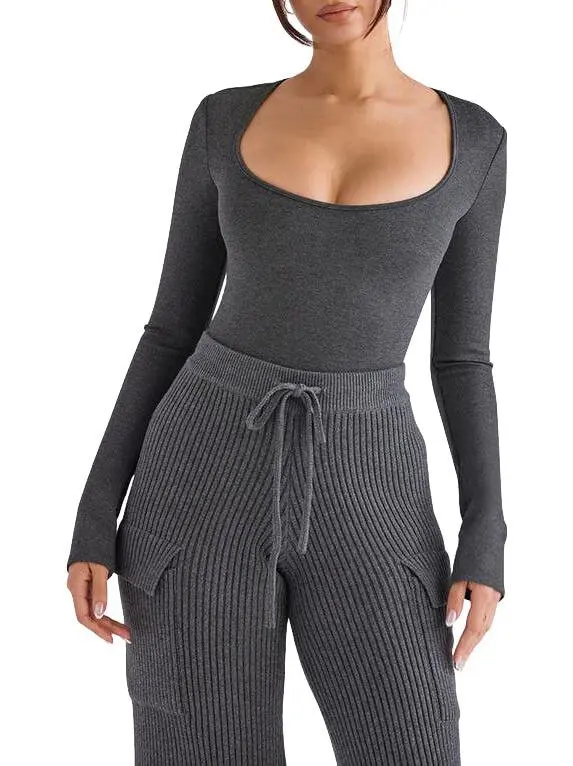 House Of Cb Marianna Long Sleeve Cotton Blend Bodysuit - Charcoal