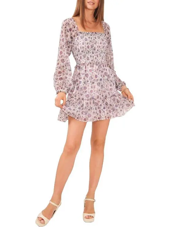 1.State Smocked Bodice Long Sleeve Minidress - Twilight Purple