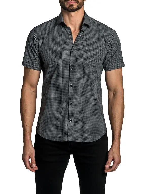 JARED LANG Trim Fit Grid Print Short Sleeve Cotton Button-up Shirt - Black