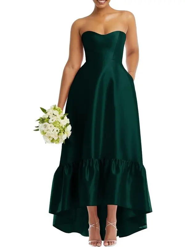 Alfred Sung Strapless Ruffle High-low Satin Gown - Evergreen