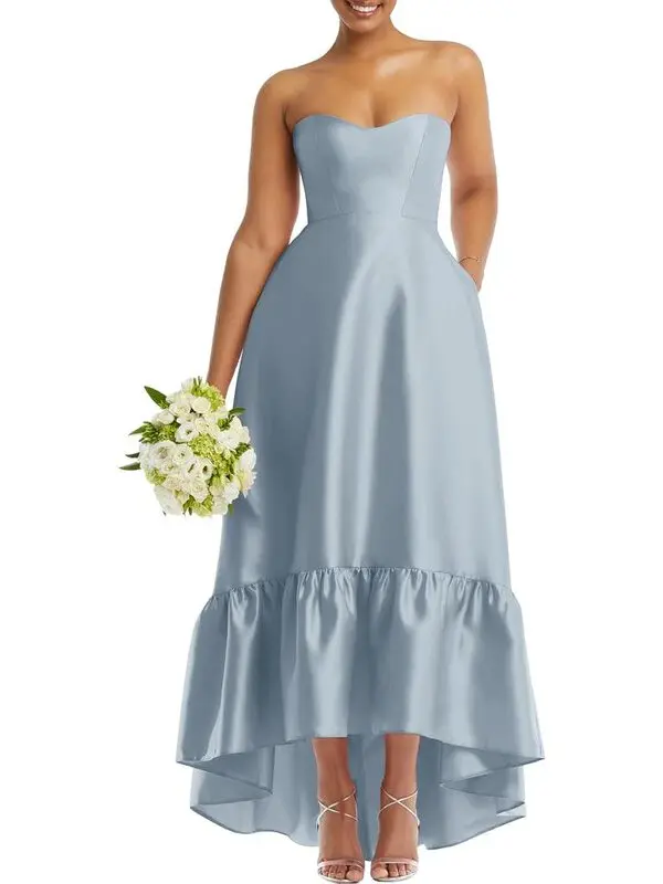 Alfred Sung Strapless Ruffle High-low Satin Gown - Mist