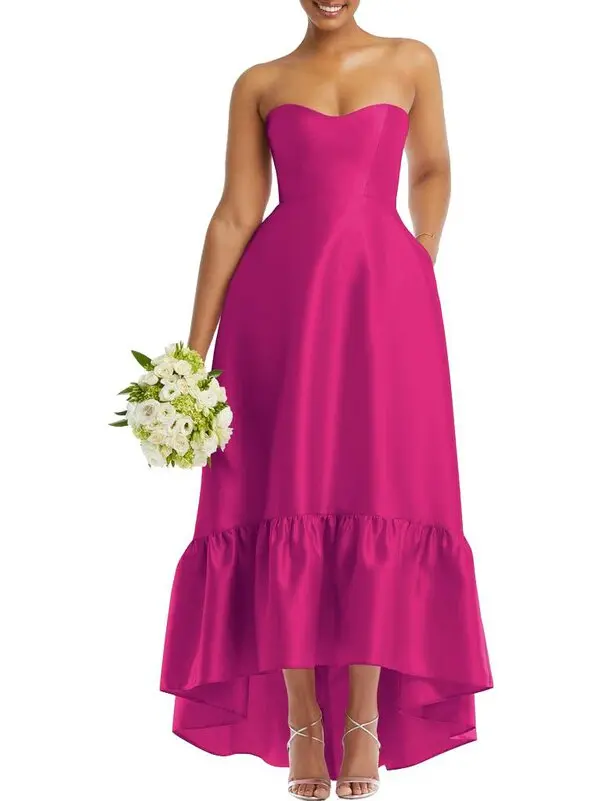 Alfred Sung Strapless Ruffle High-low Satin Gown - Think Pink