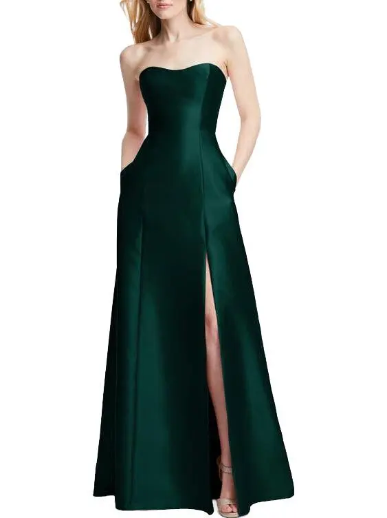 Alfred Sung Strapless Satin A-line Gown - Evergreen