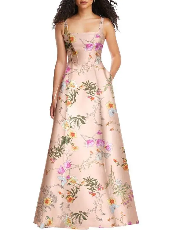 Alfred Sung Floral Corset Satin Gown - Butterfly Botanica-pink Sand