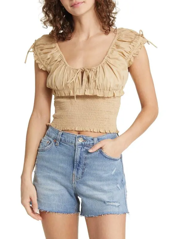 BDG URBAN OUTFITTERS Nova Smocked Cotton Top - Sand