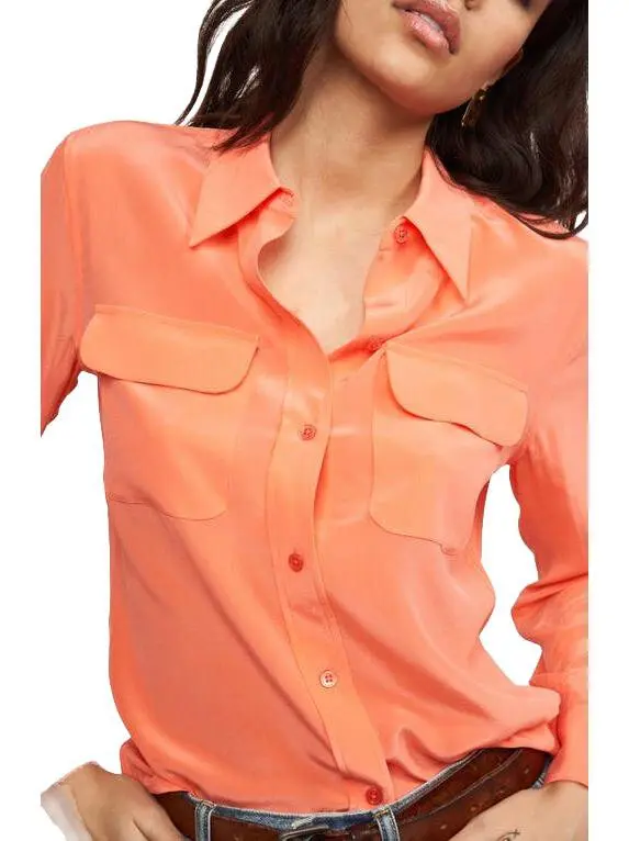 Equipment Signature Slim Fit Silk Shirt - Living Coral
