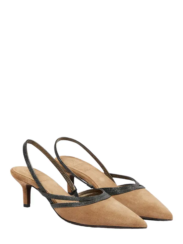 Brunello Cucinelli City Embellished Suede Slingback Pumps - Brown