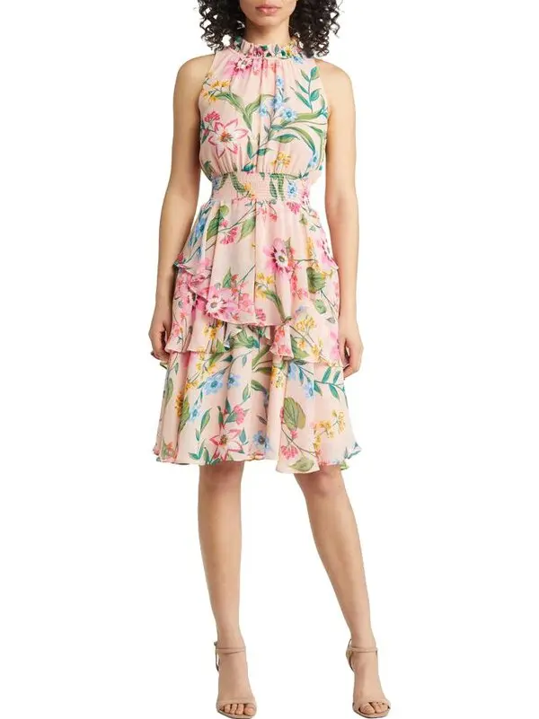Eliza J Floral Sleeveless Smock Waist Dress - Blush