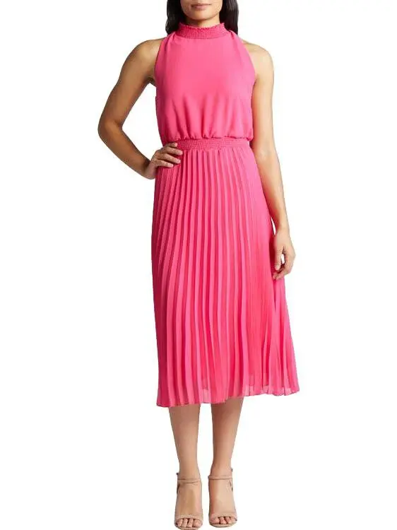 Sam Edelman Smocked Plissé Midi Dress - Hot Pink