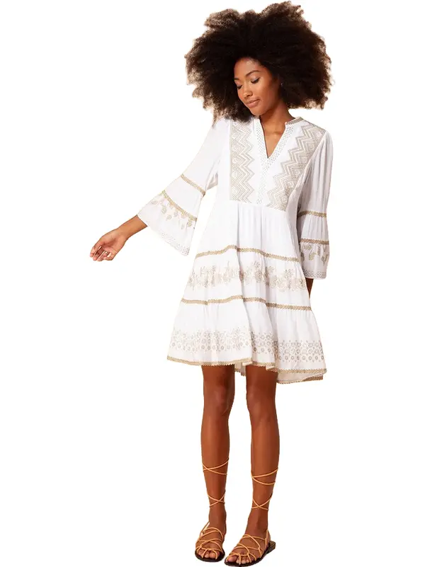 Hale Bob Taliah Embroidered Crinkle Gauze Dress - Gold