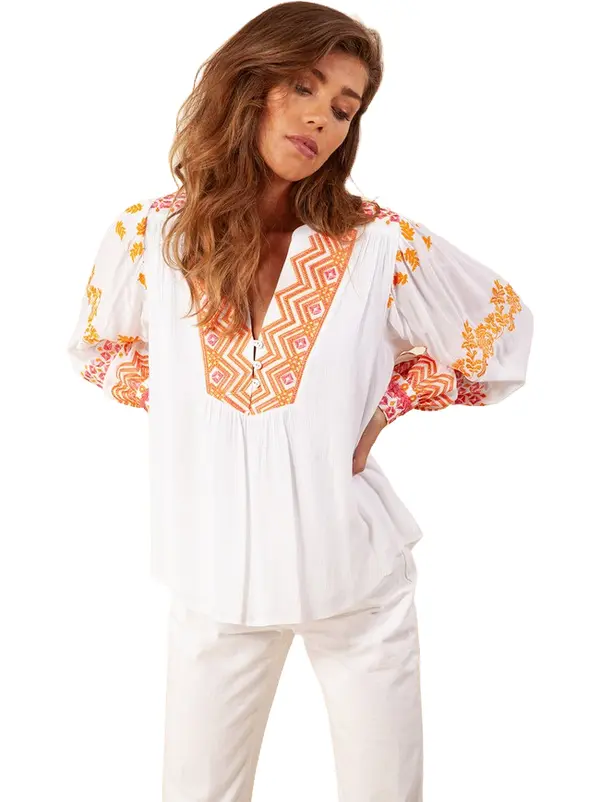 Hale Bob Kizzy Embroidered Gauze Top - Red / Orange