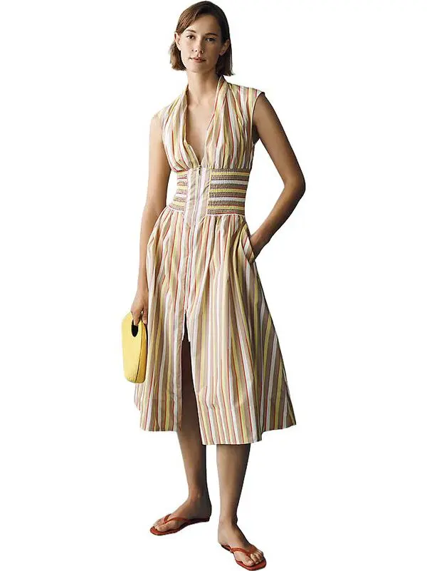 Maeve Tommie Zip-front Midi Dress - Brown Stripe