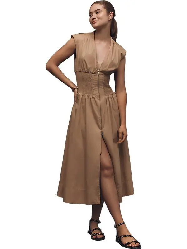 Maeve The Tommie Zip-front Midi Dress - Khaki