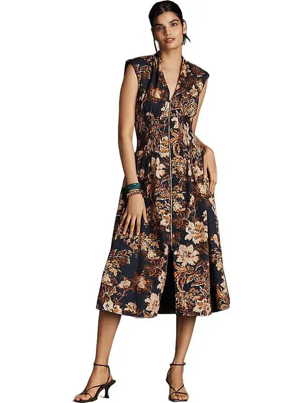 Maeve Tommie Zip-front Midi Dress - Navy Floral
