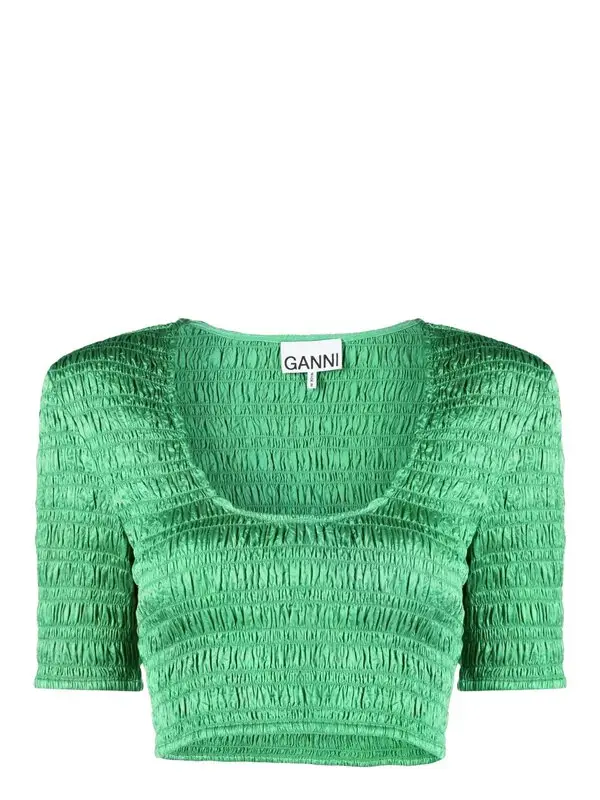 GANNI Cropped Smocked Top - Green