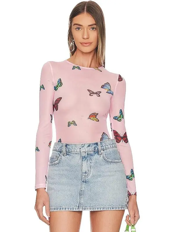 Superdown Butterfly Mesh Long Sleeve Top - Pink