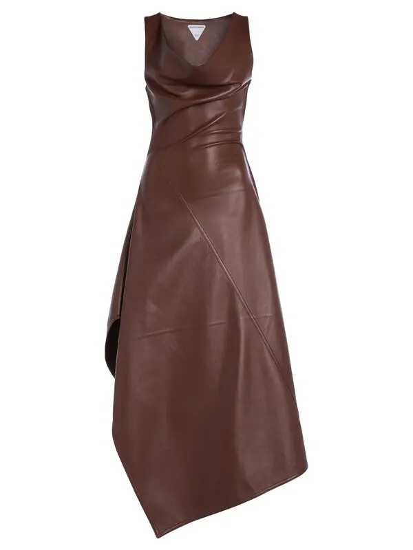 Bottega Veneta Asymmetric Leather Midi Dress - Brown