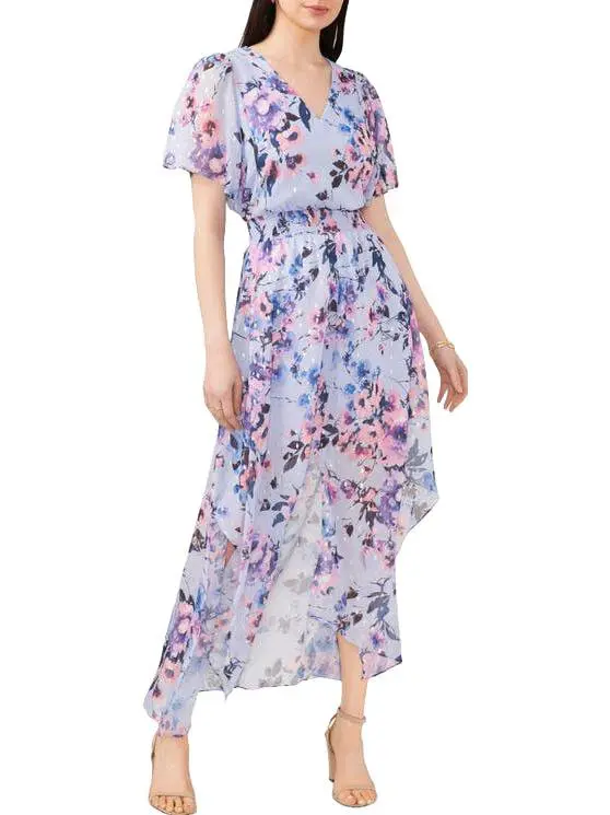 Chaus Floral Smocked Waist Fil Coupé Chiffon Maxi Dress - Blue/purple/pink
