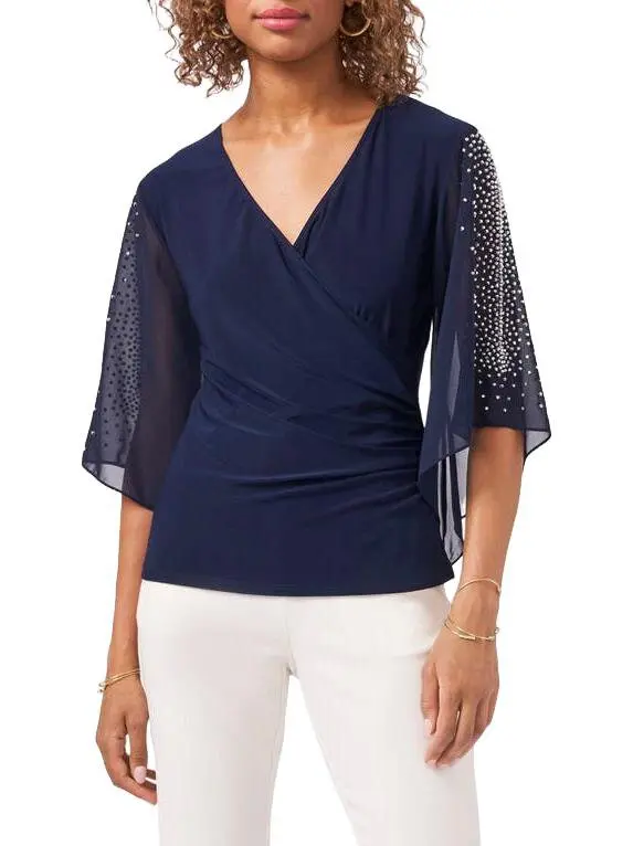 Chaus Embellished Sleeve Surplice Blouse - Navy