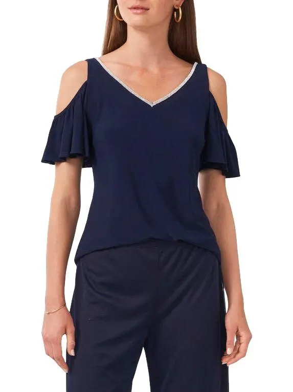 Chaus Rhinestone Trim Cold-shoulder Blouse - Jbs Navy 418