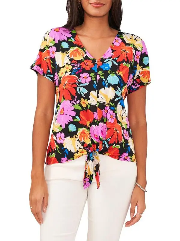 Chaus Floral V-neck Top - Black