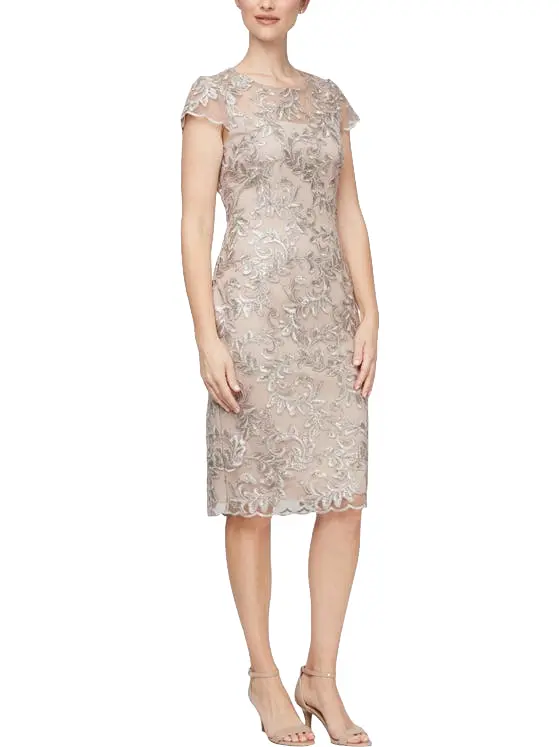 Alex Evenings Embroidered Sequin Sheath Cocktail Dress - Taupe