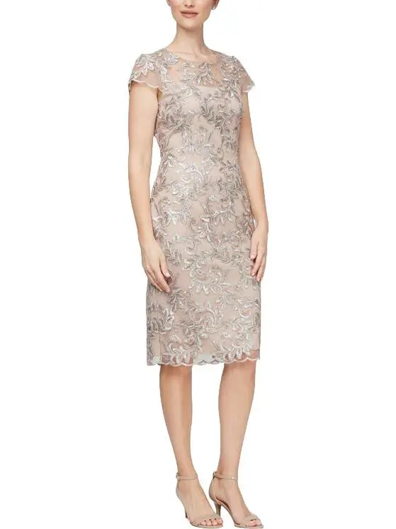 Alex Evenings Embroidered Sequin Sheath Cocktail Dress - Taupe