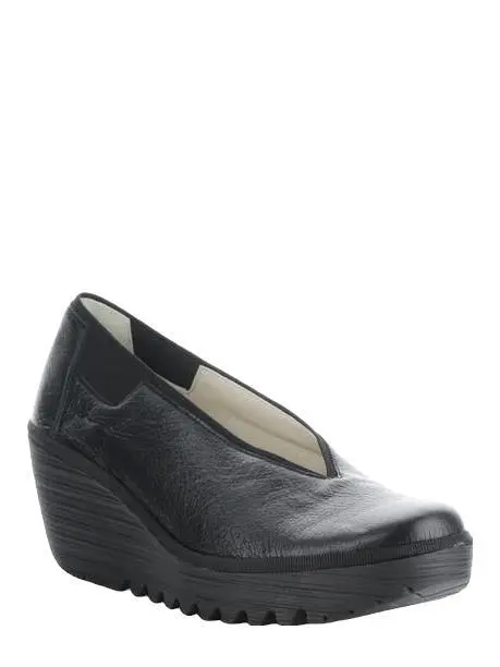 Fly London Yoza Leather Wedge Ballerinas - Black Mousse