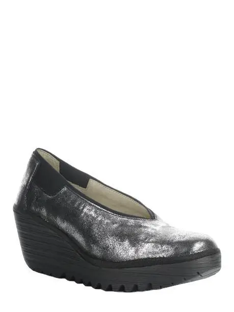 Fly London Yoza Leather Wedge Ballerinas - Silver Dk Flash