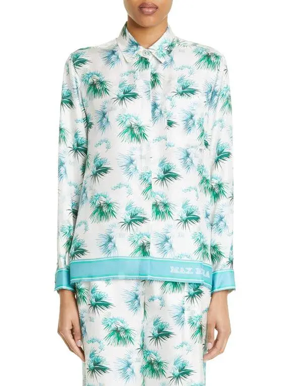 Max Mara Svago Tropical Floral Silk Button-up Shirt - Turquoise