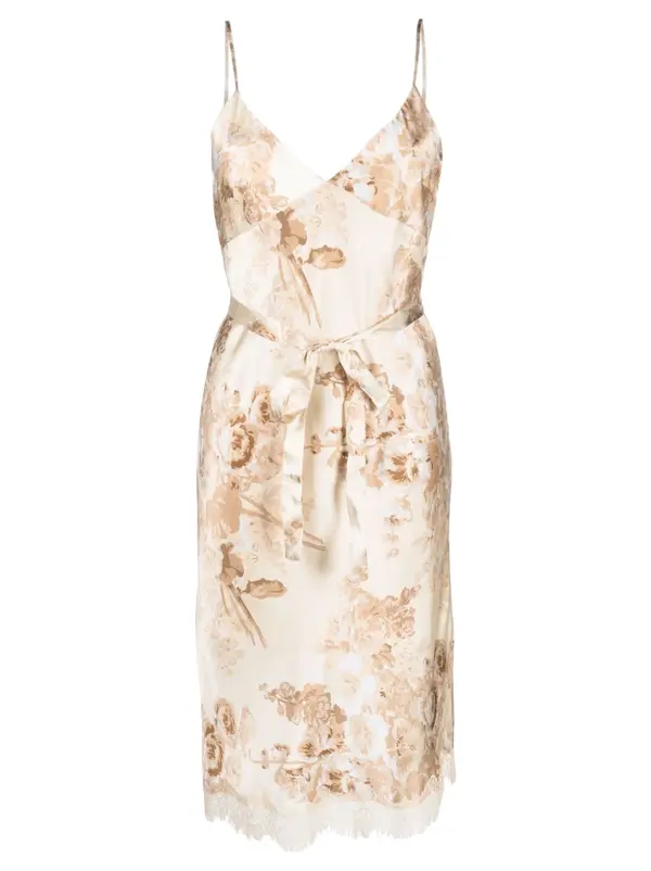 Gold Hawk Floral-print Silk Dress With Lace Detail - Neutrals