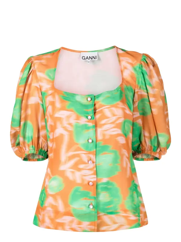 GANNI Floral-print Crepe Blouse - Orange