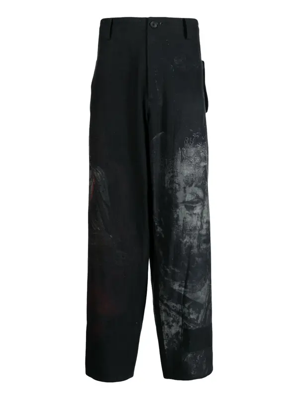Yohji Yamamoto Graphic-print Wide-leg Trousers - Black