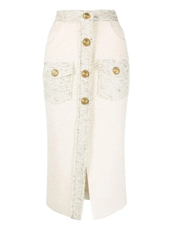 Balmain Bouclé-tweed Pencil Skirt With Button Detail - Neutrals