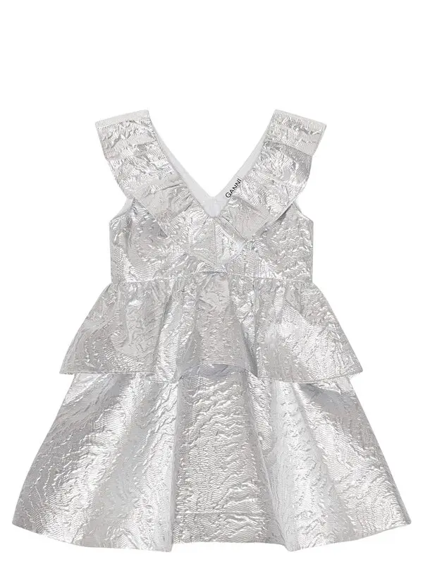 GANNI Metallic Jacquard Tiered Layer Dress - Silver