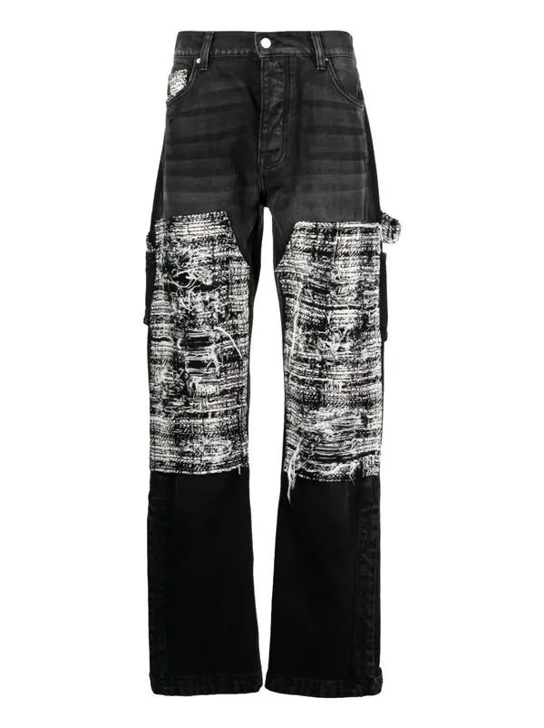 Amiri Tweed Paneling Distressed Jeans - Black