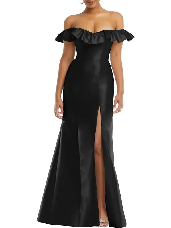 Alfred Sung Off-the-shoulder Ruffle Satin Gown - Black