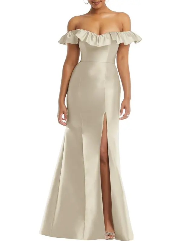 Alfred Sung Off-the-shoulder Ruffle Satin Gown - Champagne