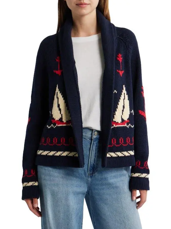 The Great. Sailboat Lodge Shawl Collar Cardigan - Dark Navy