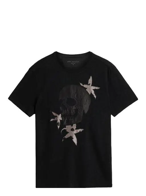 John Varvatos Embellished Skull Floral Linen & Modal Graphic Tee - Black