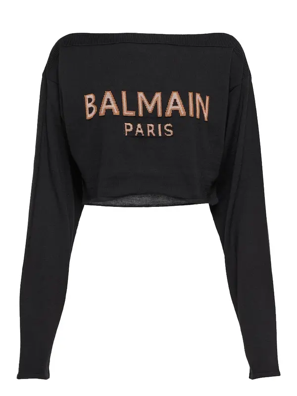 Balmain Cropped Jacquard Wool-blend Sweater - Black