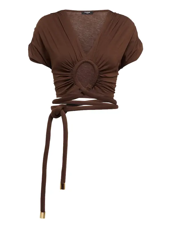 Balmain Draped Cutout Tie Top - Brown