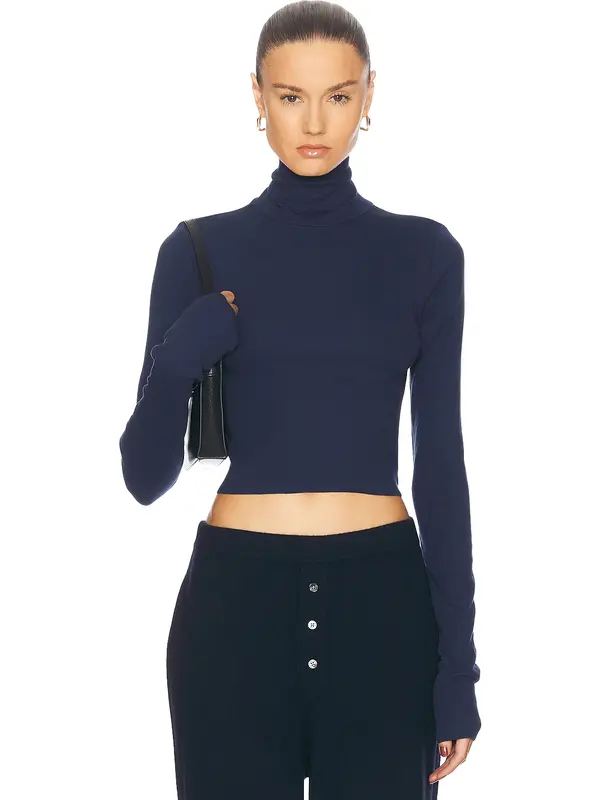 Eterne Cropped Fitted Turtleneck Top - Navy