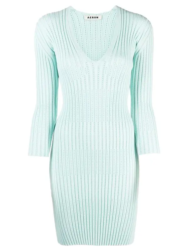 AERON Ribbed Knit V-neck Mini Dress - Blue