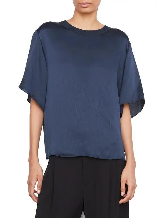 Vince Rib Trim Crewneck Silk Top - Coastal