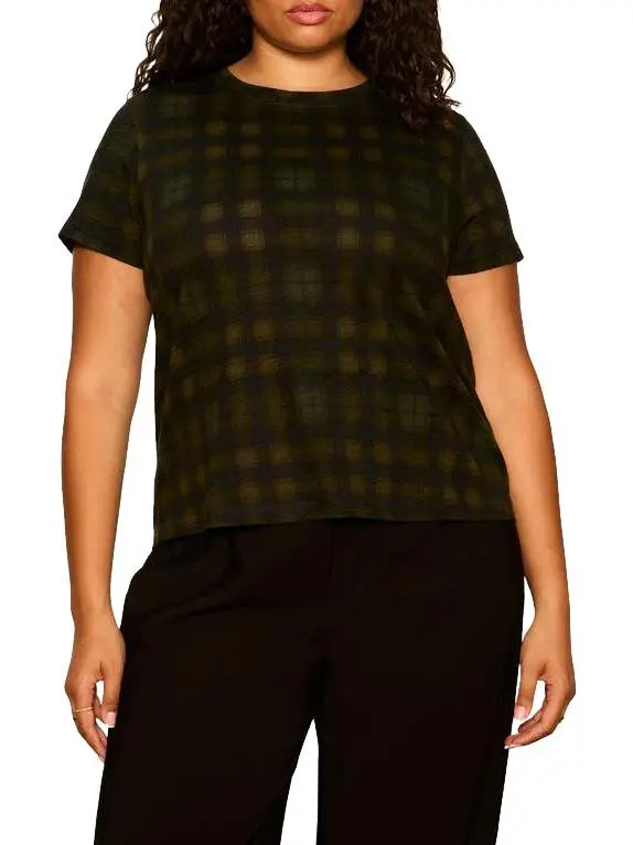 Sanctuary Slubbed Crewneck T-shirt - Forest Plaid Green