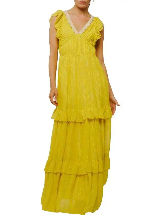 CIEBON Metallic Stripe Ruffle Tiered Maxi Dress - Bright Yellow